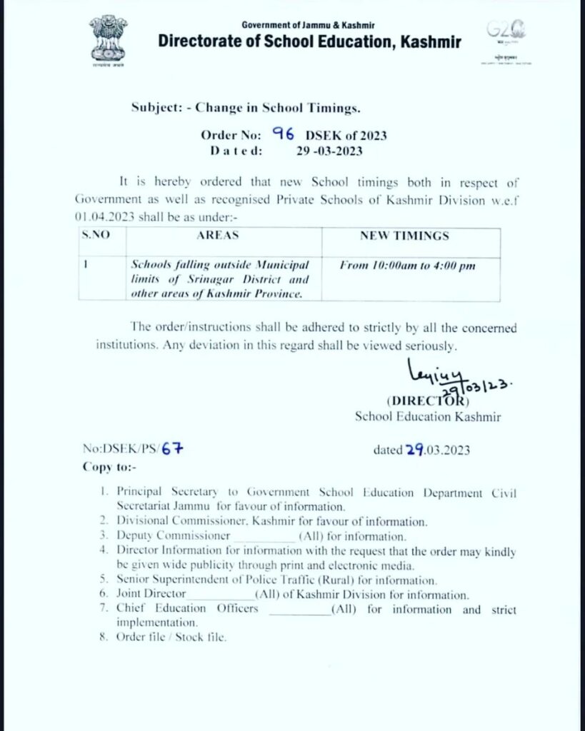 New school timing from April 1 In Kashmir Schools outside SMC limits ...